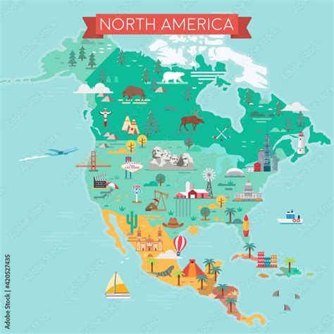 North America Map Tourist And Travel Landmarks Stock Vector Adobe Stock
