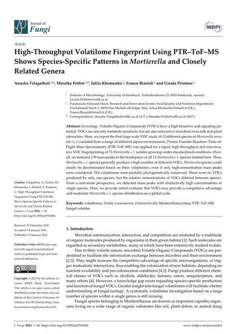 Pdf High Throughput Volatilome Fingerprint Using Ptr Tof Ms Shows Species Specific Patterns In