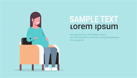 그녀의 범프 임신과 모성 개념 평면 전체 길이 수평 복사 공간을 들고 안락의 자 소녀에 앉아 행복 한 임신 한 여자 여성에 대한 스톡 벡터 아트 및 기타 이미지 Istock