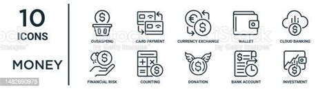 머니 개요 아이콘 세트에는 가는 선 초과 지출 환전 클라우드 뱅킹 계산 은행 계좌 투자 보고서 프레젠테이션 다이어그램 웹 디자인에 대한 재무 위험 아이콘이 포함됩니다 0명에