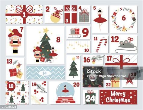 호두 까기 인형 발레리나 선물 크리스마스 트리 장식 공과 벡터 크리스마스 출현 달력 카운트다운 휴일 달력 12월에 대한 스톡 벡터 아트 및 기타 이미지 Istock