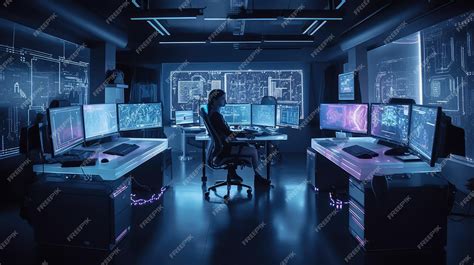 Premium Ai Image A Woman Sits At A Desk In A Dark Room With Multiple