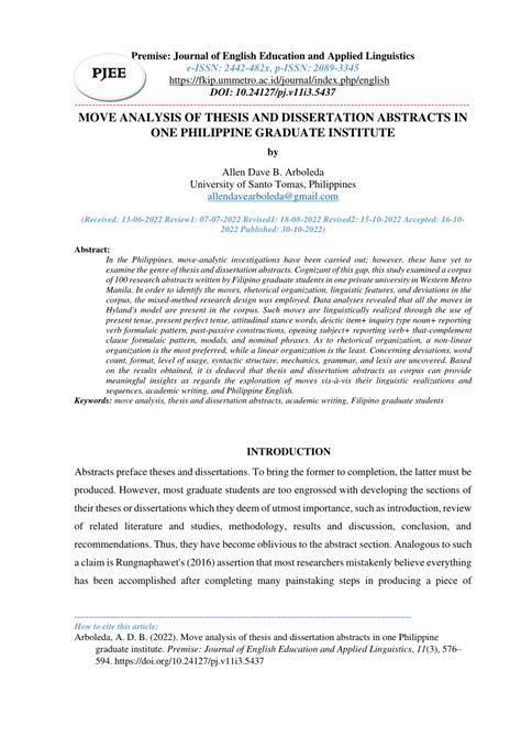 Pdf Move Analysis Of Thesis And Dissertation Abstracts In One Philippine Graduate Institute