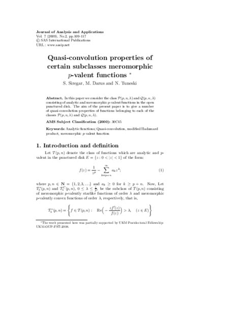 Pdf Quasi Convolution Properties Of Certain Subclasses Meromorphic P Valent Functions
