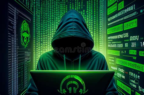 Hooded Hacker On Green Code Background Generative Ai Stock Illustration Illustration Of