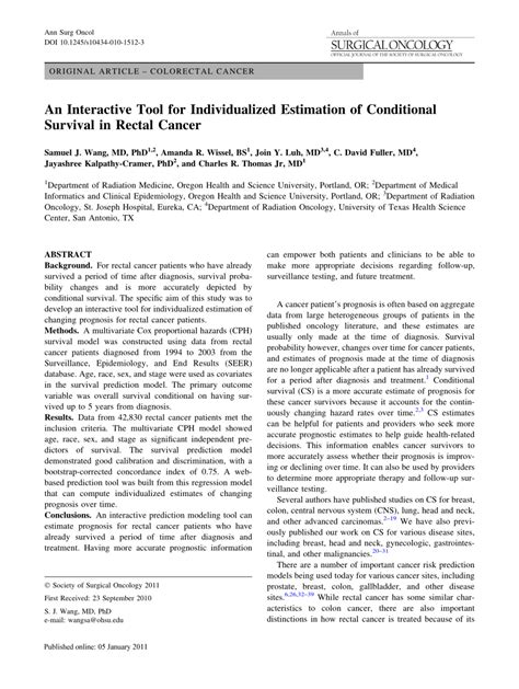 Pdf An Interactive Tool For Individualized Estimation Of Conditional Survival In Rectal Cancer