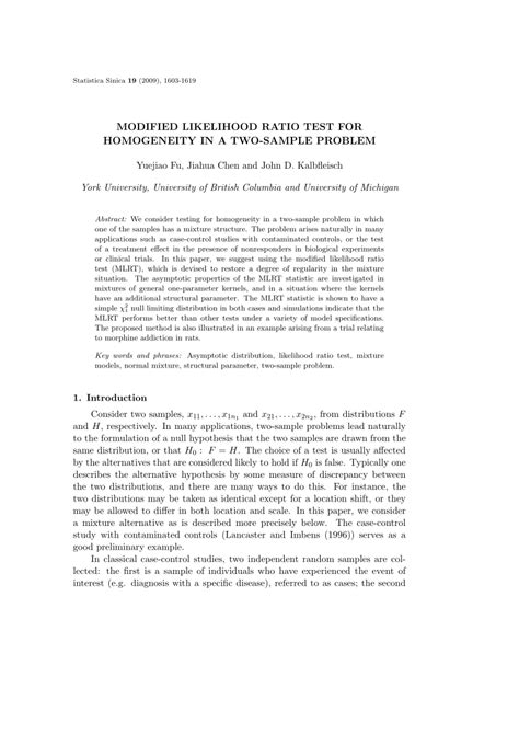 Pdf Modified Likelihood Ratio Test For Homogeneity In A Two Sample
