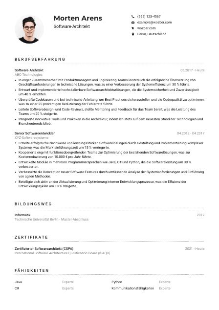 Lebenslauf Muster Für Software Architekt In