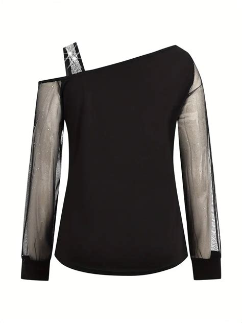 نمط القلب راينستون كولد شولدر تي شيرت ، قميص عاري الكتفين Temu Saudi