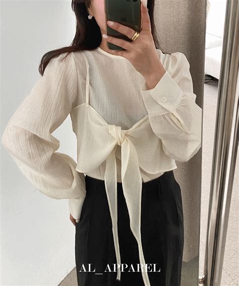 에이엘 Best🔥뷔스티에 세트 노카라 셔링 퍼프 크롭 리본 시스루 블라우스 가을하객룩꾸안꾸