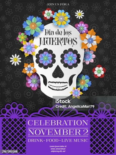 Dia De Los Muertos 포스터 와 종이 두개골 와 와 꽃 와 벽 와 죽은 자의 날 축하 배경 공휴일에 대한 스톡 벡터 아트 및 기타 이미지 Istock
