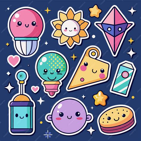 Cute Cartoon Stickers With Stars And Hearts On Blue Background