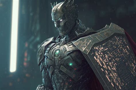 Cyborg Knight With A Shield Cyberspace Security Protection Safety Of The Net Data Network