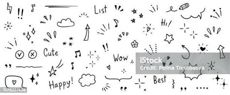 귀여운 반짝이 펜 라인 요소를 낙서 낙서 하트 화살표 별 스파클 장식 기호 세트 아이콘입니다 간단한 스케치 선 스타일 강조 주의 패턴 요소 벡터 귀여운에 대한 스톡 벡터