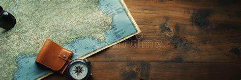 Scout Compass And Map Arranged On Wooden Table Surface For Adventure Planning With Vintage Style