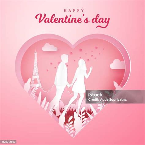 발렌타인의 날 인사말 카드입니다 산책 및 새겨진된 하트 배경으로 손을 잡고 커플 종이 잘라 스타일 벡터 일러스트 레이 션 개념에 대한 스톡 벡터 아트 및 기타 이미지