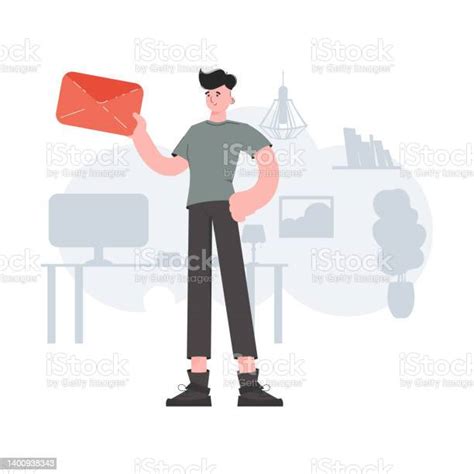 한 남자가 방 안에서 자신의 전체 높이에 서서 봉투를 손에 쥐고 있습니다 통신 프리젠 테이션 사이트를위한 요소 Brand Name Online Messaging