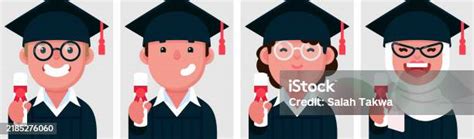 대학원생의 평면 초상화 세트 컬러 만화 캐릭터 젊은 여자와 대학에서 남자 프로필 사진 벡터 일러스트 레이 션의 모음 감정에 대한