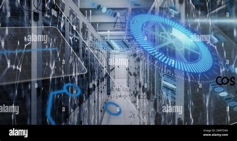 Image Of Mathematical Equations Over Round Scanner And Data Processing Against Server Room Stock