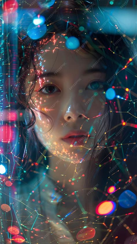 Asian Woman Surrounded By Vibrant Shattered Glass Data Visualization Premium Ai Generated Image