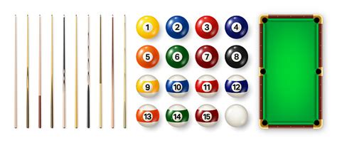 숫자가 있는 당구공 다양한 큐 녹색 당구대 광택 스누커 공 스포츠 장비 레크리에이션 및 취미 경쟁 게임 벡터 일러스트 레이 션 포켓 당구에 대한 스톡 벡터 아트 및 기타