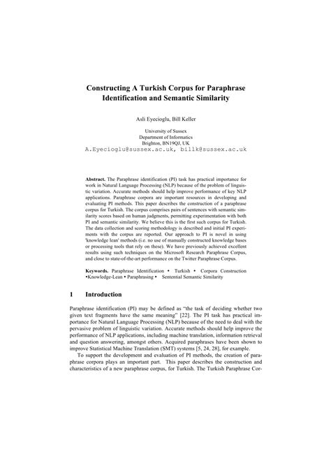 Pdf Constructing A Turkish Corpus For Paraphrase Identification And Semantic Similarity