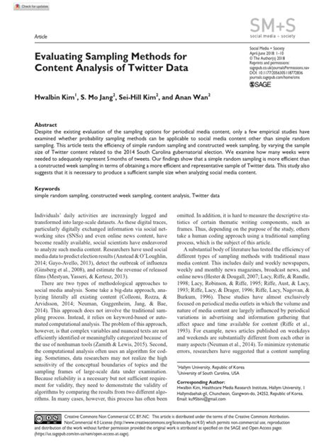 Kim Et Al 2018 Evaluating Sampling Methods For Content Analysis Of Twitter Data Pdf