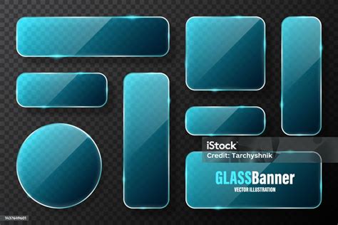 사실적인 유리 프레임 컬렉션 플레어와 하이라이트가있는 파란색 투명 유리 배너 광택있는 아크릴 판 가벼운 반사와 텍스트를위한 장소가있는 요소 벡터 일러스트 레이 션 0명에