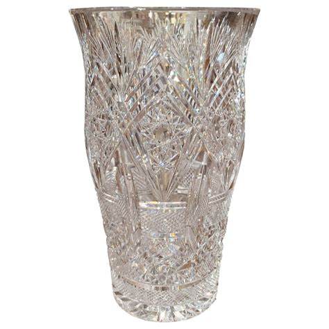 Midcentury Clear Cut Glass Crystal Vase With Floral And Leaf Motifs At 1stdibs