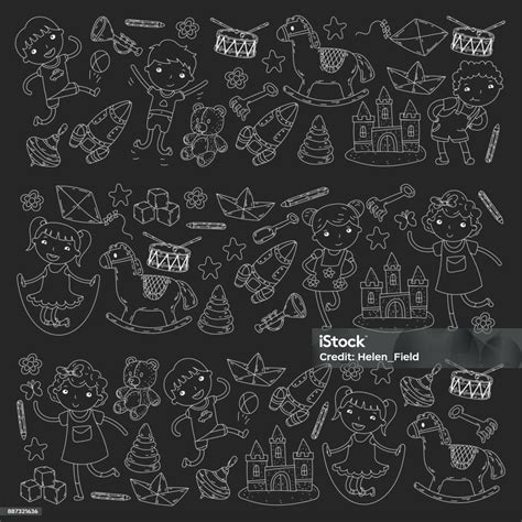 유치원 유치원 보육원 교육 어린이 낙서 패턴 아이 놀이 공부 하는 남자와 여자와 아이 드로잉 아이콘 공간 모험 탐험 상상력 개념 2 3 살에 대한 스톡 벡터 아트 및 기타