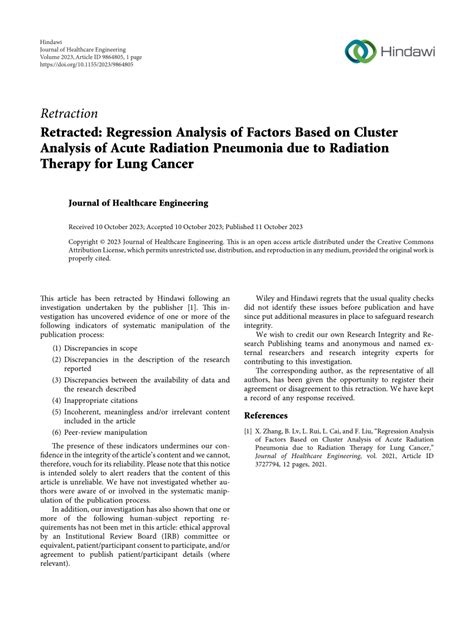 pdf retracted regression analysis of factors based on cluster analysis of acute radiation