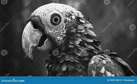 Black And White Parrot Photograph In Unreal Engine Style Stock