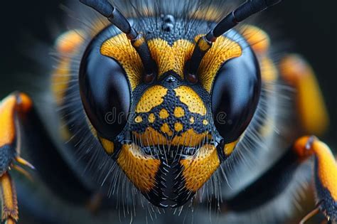 Closeup View Of A Yellow And Black Wasps Face A Pollinator Arthropod