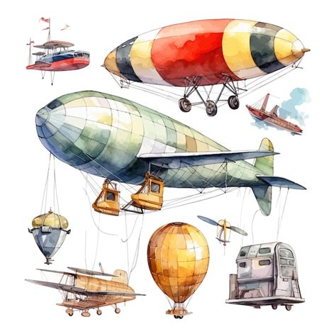 Watercolor Aircraft Airship Balloon Helicopter Clipart Premium Ai