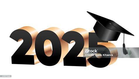 굵은 2025 숫자 검정색과 금색 3d 일러스트 레이 션에 검은 색 졸업 모자 졸업 2025 개념 벡터 배너 2025년에 대한 스톡 벡터 아트 및 기타 이미지 Istock