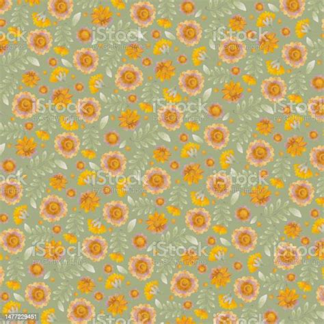 꽃 장식품과 밝은 배경입니다 패키지 디자인 엽서 래퍼 또는 스크랩북에 대한 래스터 그림 종이 또는 직물에 인쇄 녹색 배경에 노란색 꽃입니다 0명에 대한 스톡 벡터 아트 및