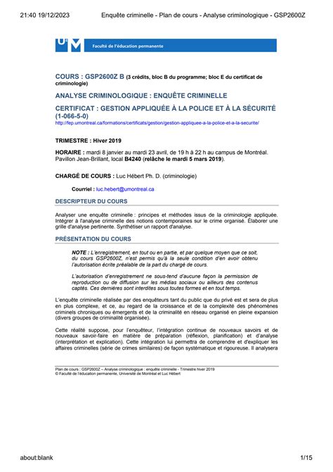 Solution Enqu Te Criminelle Plan De Cours Analyse Criminologique Gsp Z Studypool
