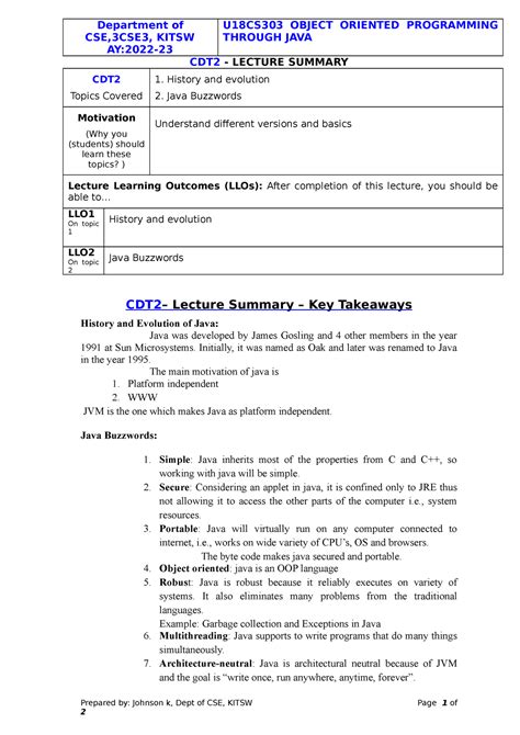 Oopj 2 Notes For Java Department Of Cse3cse3 Kitsw Ay2022