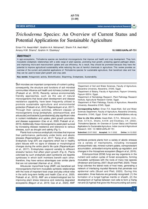 Pdf Trichoderma Species An Overview Of Current Status And Potential Applications For