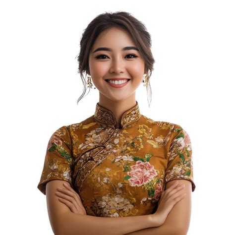 A Beautiful Chinese Woman Smiles Happily In A Traditional Outfit With