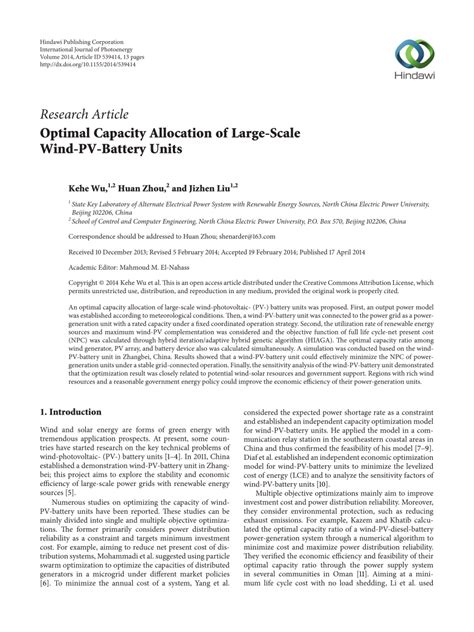 Pdf Optimal Capacity Allocation Of Large Scale Wind Pv Battery Units