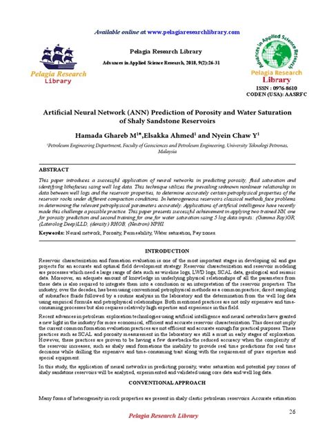 Artificial Neural Network Ann Prediction Of Porosity And Water