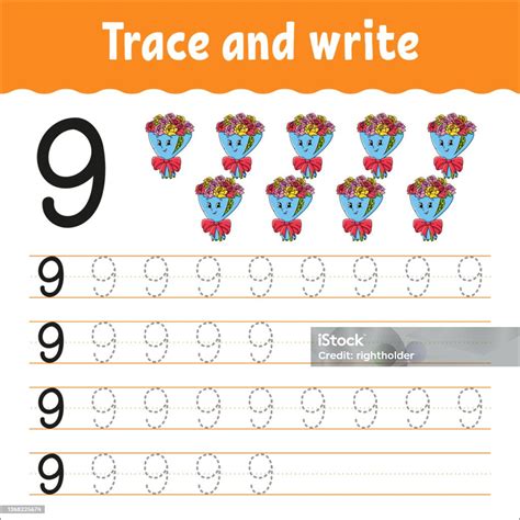 숫자를 알아봅니다 추적 및 쓰기 필기 연습 워크시트를 개발하는 교육 색상 활동 페이지입니다 귀여운 만화 스타일의 고립 된 벡터 일러스트레이션 0명에 대한 스톡 벡터 아트 및
