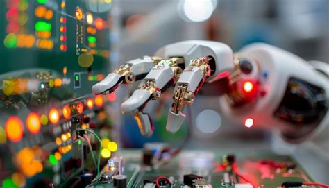 Innovative Cyberphysical System In Robotics Lab Detailed Closeup Of Robotic Components And