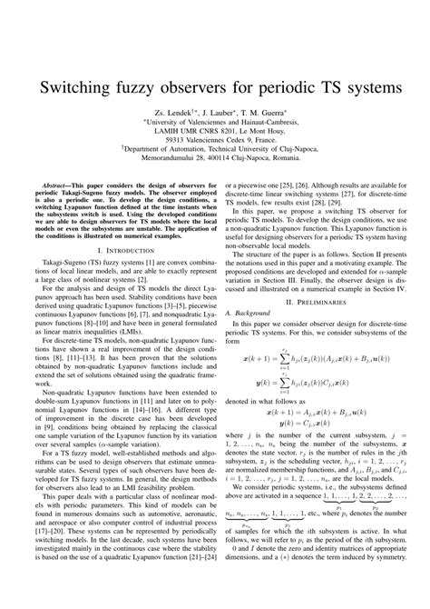 Pdf Switching Fuzzy Observers For Periodic Ts Systems