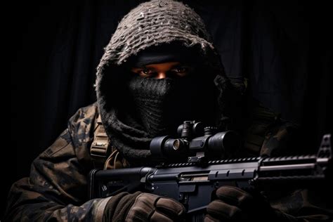 Hombre Armado Con Una Máscara Con Un Arma En Un Fondo Negro Un Soldado