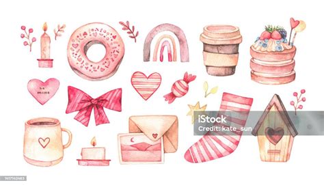 분홍색 낭만적 인 요소가있는 수채화 벡터 컬렉션 하트 일러스트레이션 귀여운 컵 꽃 케이크 도넛 새 집 사랑 수집 어린이 그림