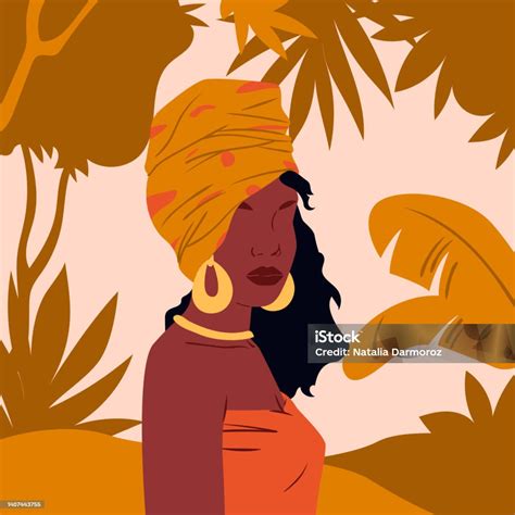 아프리카의 나무와 식물 사이에 터번과 민족 보석을 가진 아프리카 현대 여성 갈색에 대한 스톡 벡터 아트 및 기타 이미지 갈색 개념 검은색 Istock