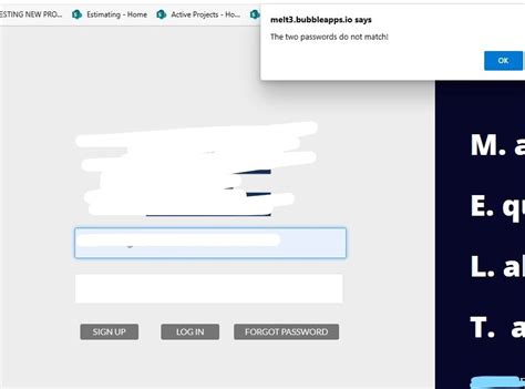 Login Error The 2 Passwords Do Not Match But I Only Have One Input Box Need Help Bubble Forum