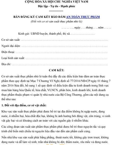 Cẩm nang Mẫu bản cam kết đảm bảo an toàn thực phẩm Luôn được cập nhật